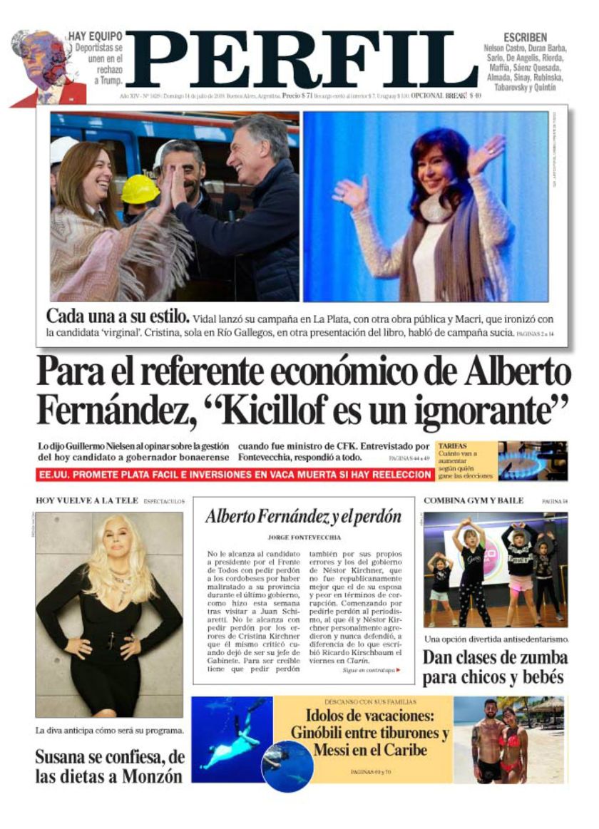 La tapa del Diario Perfil de este domingo 14 de julio de 2019 | Perfil