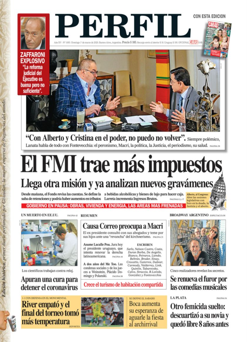 La tapa del Diario PERFIL de este domingo 1° de marzo de 2020 | Perfil