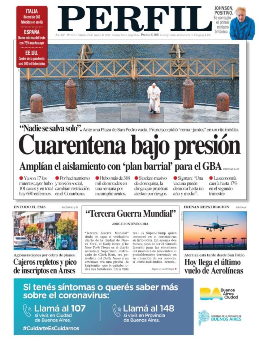 La tapa del Diario Perfil de este sábado 28 de marzo de 2020 | Perfil