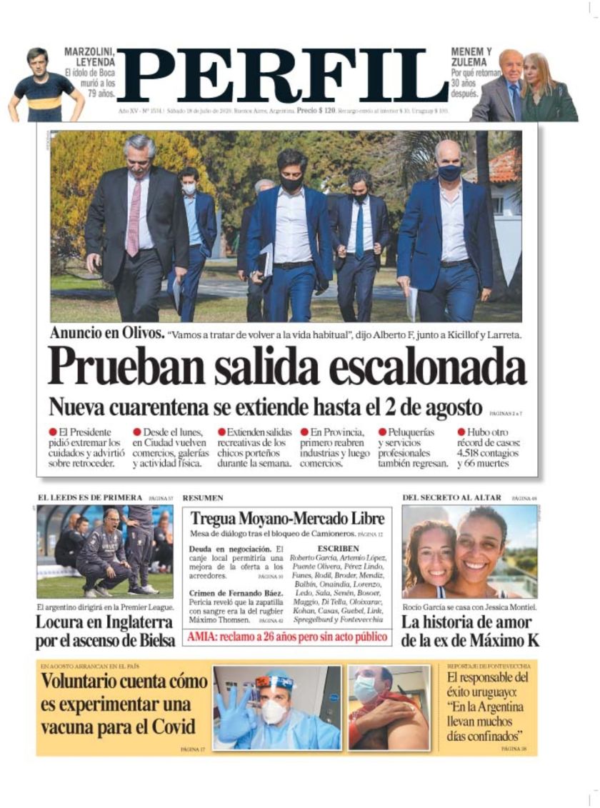 La tapa de Diario PERFIL de este sábado 18 de julio de 2020 | Perfil