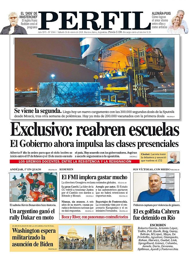 La tapa del Diario PERFIL del sábado 16 de enero de 2021 | Perfil