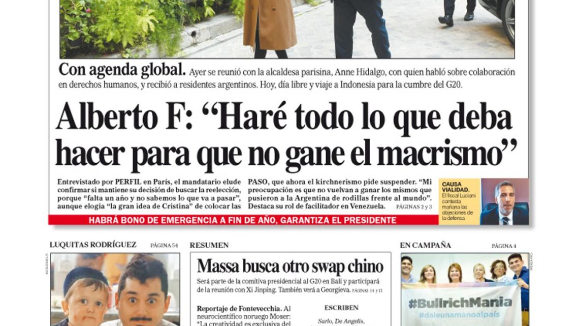 La tapa del Diario PERFIL del domingo 13 de noviembre de 2022 | Perfil
