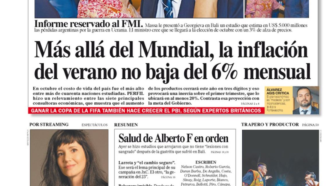 La tapa del Diario PERFIL de este domingo 20 de noviembre de 2022 | Perfil